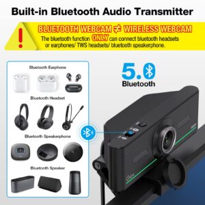 Audio Bluetooth Webcam with mic for desktop, Computer webcam Connect Bluetooth Headset/Earphone/Speaker, Streaming Webcam for Live Skype Teams,PC Webcam Camera for Streaming, Bluetooth only for audio