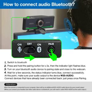 Audio Bluetooth Webcam with mic for desktop, Computer webcam Connect Bluetooth Headset/Earphone/Speaker, Streaming Webcam for Live Skype Teams,PC Webcam Camera for Streaming, Bluetooth only for audio