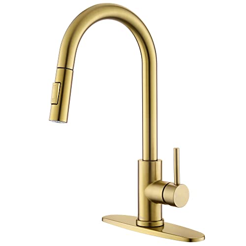 Tohlar Gold Kitchen Faucets with Pull-Down Sprayer, Modern Stainless Steel Single Handle Pull Down Kitchen Sink Faucet with Deck Plate, Brushed Gold