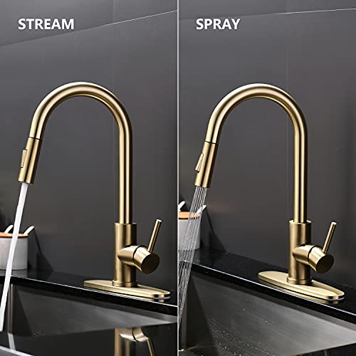 Tohlar Gold Kitchen Faucets with Pull-Down Sprayer, Modern Stainless Steel Single Handle Pull Down Kitchen Sink Faucet with Deck Plate, Brushed Gold