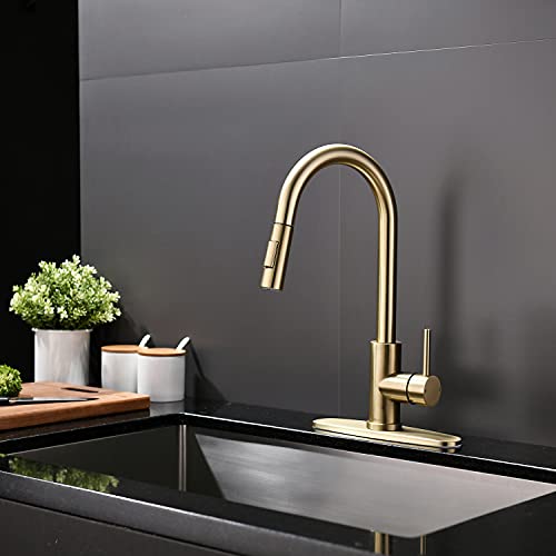 Tohlar Gold Kitchen Faucets with Pull-Down Sprayer, Modern Stainless Steel Single Handle Pull Down Kitchen Sink Faucet with Deck Plate, Brushed Gold