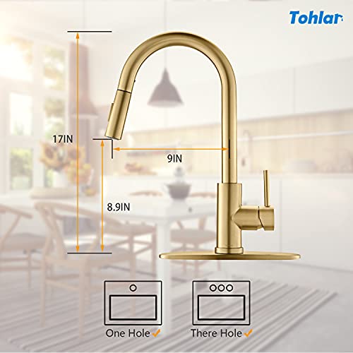 Tohlar Gold Kitchen Faucets with Pull-Down Sprayer, Modern Stainless Steel Single Handle Pull Down Kitchen Sink Faucet with Deck Plate, Brushed Gold