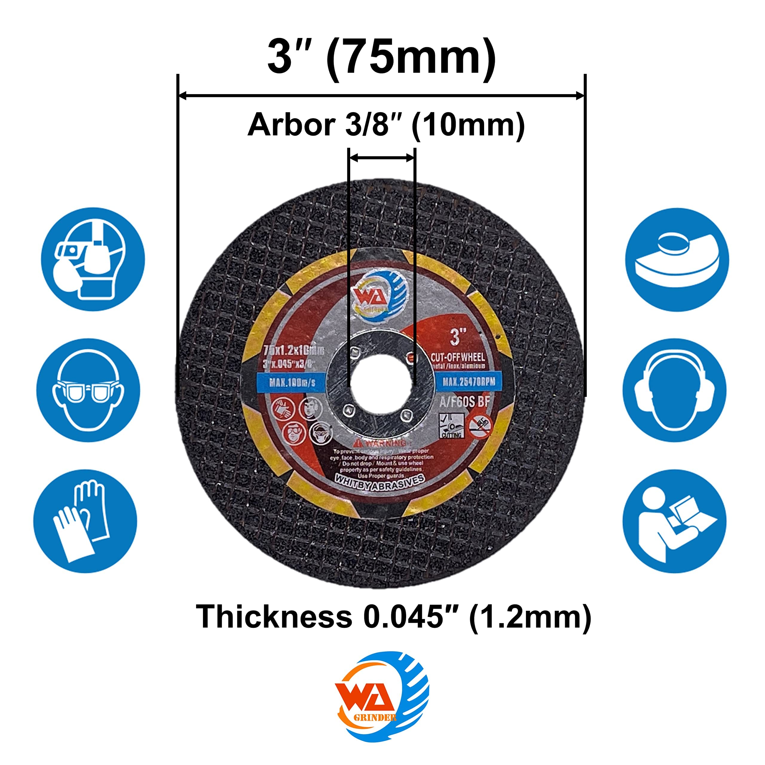 WA 12PACK - 3"x.045"x3/8" Thin Cut Off Disc, Die Grinder Tool Accessories Cutting Wheel and Mounting Mandrel Kit, 3 inch Cutoff 3/8 in Arbor for Metal, Steel, Stainless, Wood (12 Discs + 1 Mandrel)