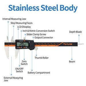 TYTURE Digital Calipers 6 inch Caliper Measuring Tool with Stainless Steel Body Auto Off Featured Vernier Caliper