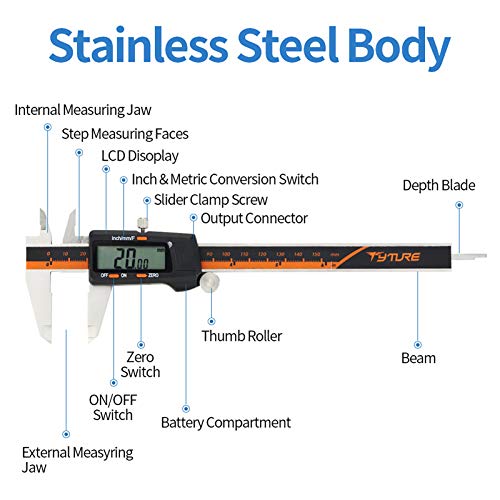 TYTURE Digital Calipers 6 inch Caliper Measuring Tool with Stainless Steel Body Auto Off Featured Vernier Caliper