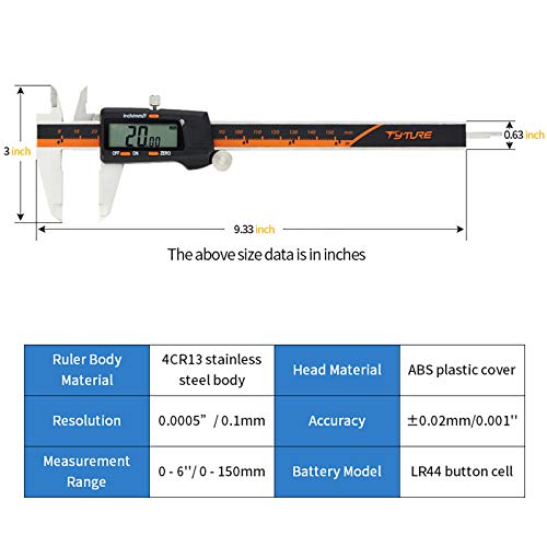 TYTURE Digital Calipers 6 inch Caliper Measuring Tool with Stainless Steel Body Auto Off Featured Vernier Caliper