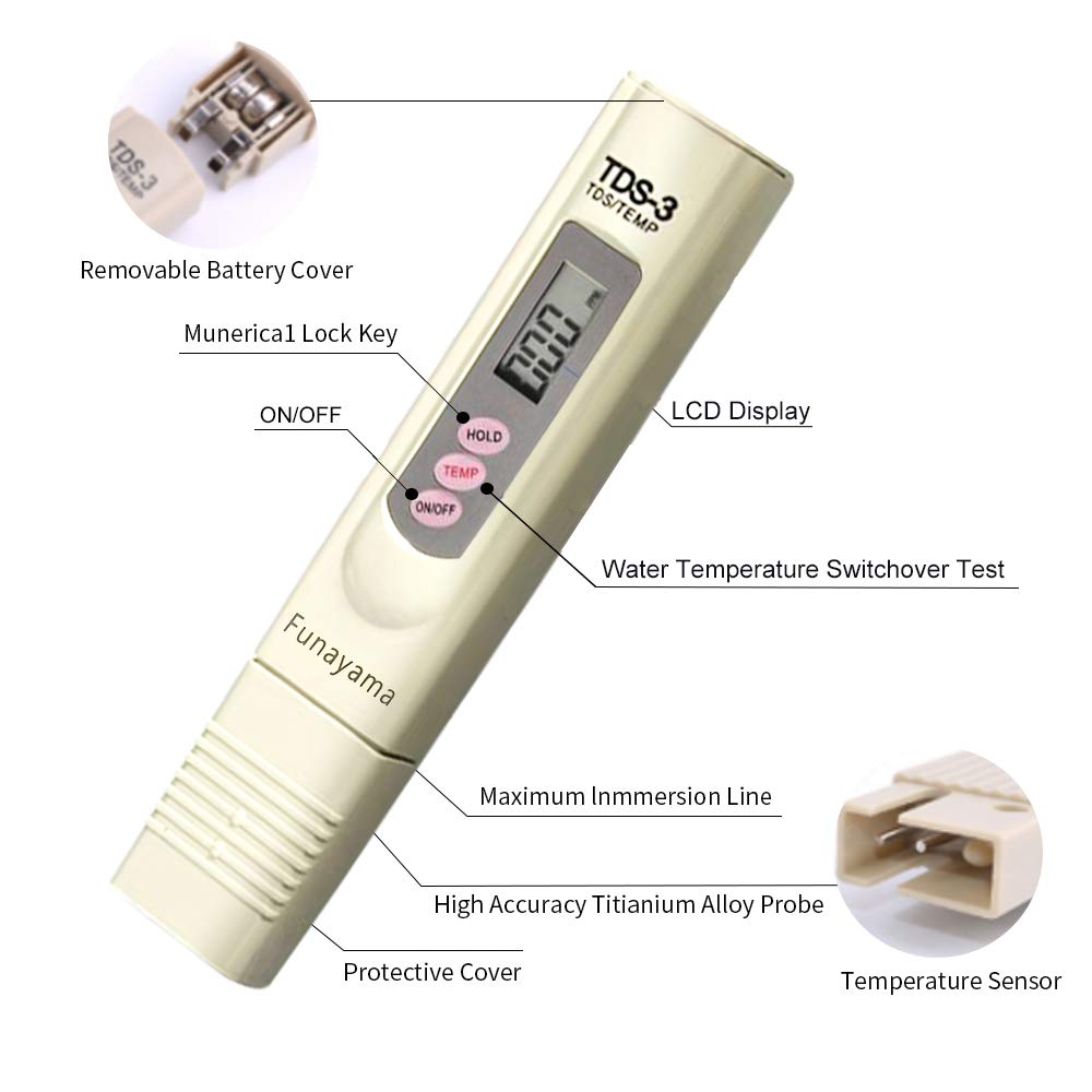 Water Quality Tester, Accurate and Reliable, EC Meter & Temperature Meter 3 in 1, 0-9990 ppm, Funayama tds Meter Digital Water Tester for Drinking Water, Aquariums, etc