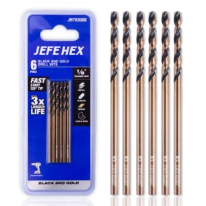 jefe hex 1/8" hss twist drill bit for steel/copper/aluminum/zinc alloy/wood/plastics, general purpose hss drill bit, 135 degree split point, ideal for diy projects and home maintenance. (6-piece)