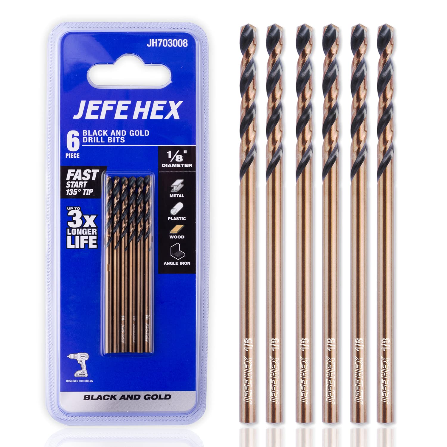 JEFE HEX 1/8" HSS Twist Drill Bit for Steel/Copper/Aluminum/Zinc Alloy/Wood/Plastics, General Purpose HSS Drill bit, 135 Degree Split Point, Ideal for DIY Projects and Home Maintenance. (6-Piece)