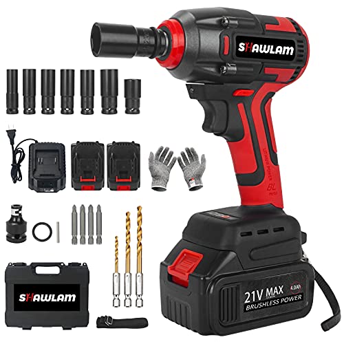 SHAWLAM Cordless Impact Wrench 1/2 Inch Impack Gun 21V Power Impact Driver Impack Drill Max Torque 300Ft-lbs (400N.m) 3200RPM Li-ion 4.0AH Battery Pack Electric Impact Wrench for Car Home