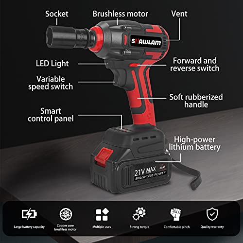 SHAWLAM Cordless Impact Wrench 1/2 Inch Impack Gun 21V Power Impact Driver Impack Drill Max Torque 300Ft-lbs (400N.m) 3200RPM Li-ion 4.0AH Battery Pack Electric Impact Wrench for Car Home