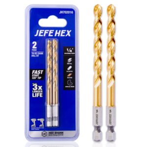 jefe hex 1/4" hss twist titanium drill bits, hex shank for quick change, 135 degree easy cut split point drill bit for steel, copper, aluminum, zinc alloy, wood, and plastics (pack of 2).