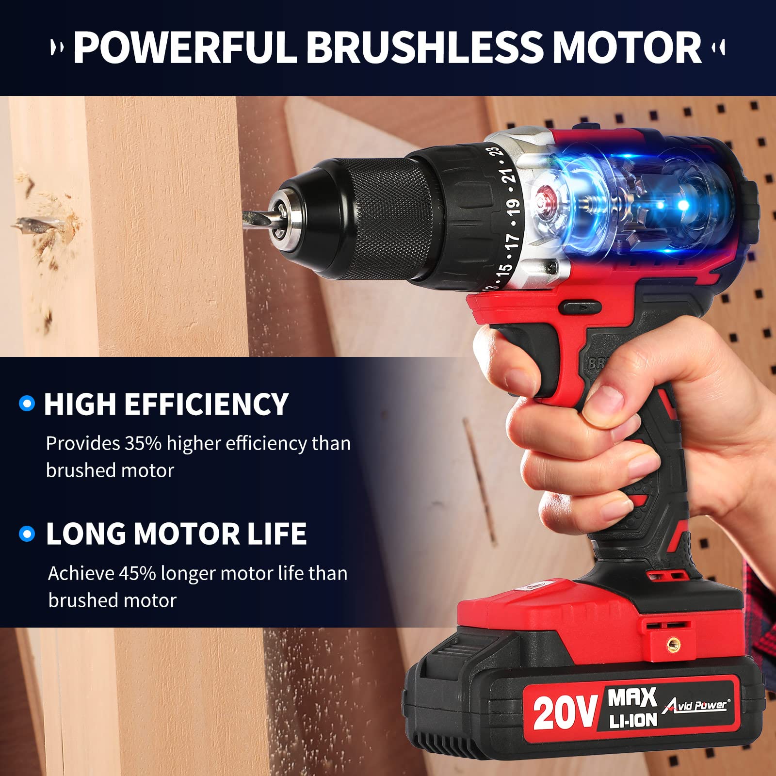 AVID POWER Brushless Drill Set, 20V Cordless Drill Driver Kit with 2.0Ah Battery and Fast Charger, 1/2-Inch Metal Chuck, 400 In-lbs Torque, 2-Variable Speed, 28pcs Accessories and Tool Bag