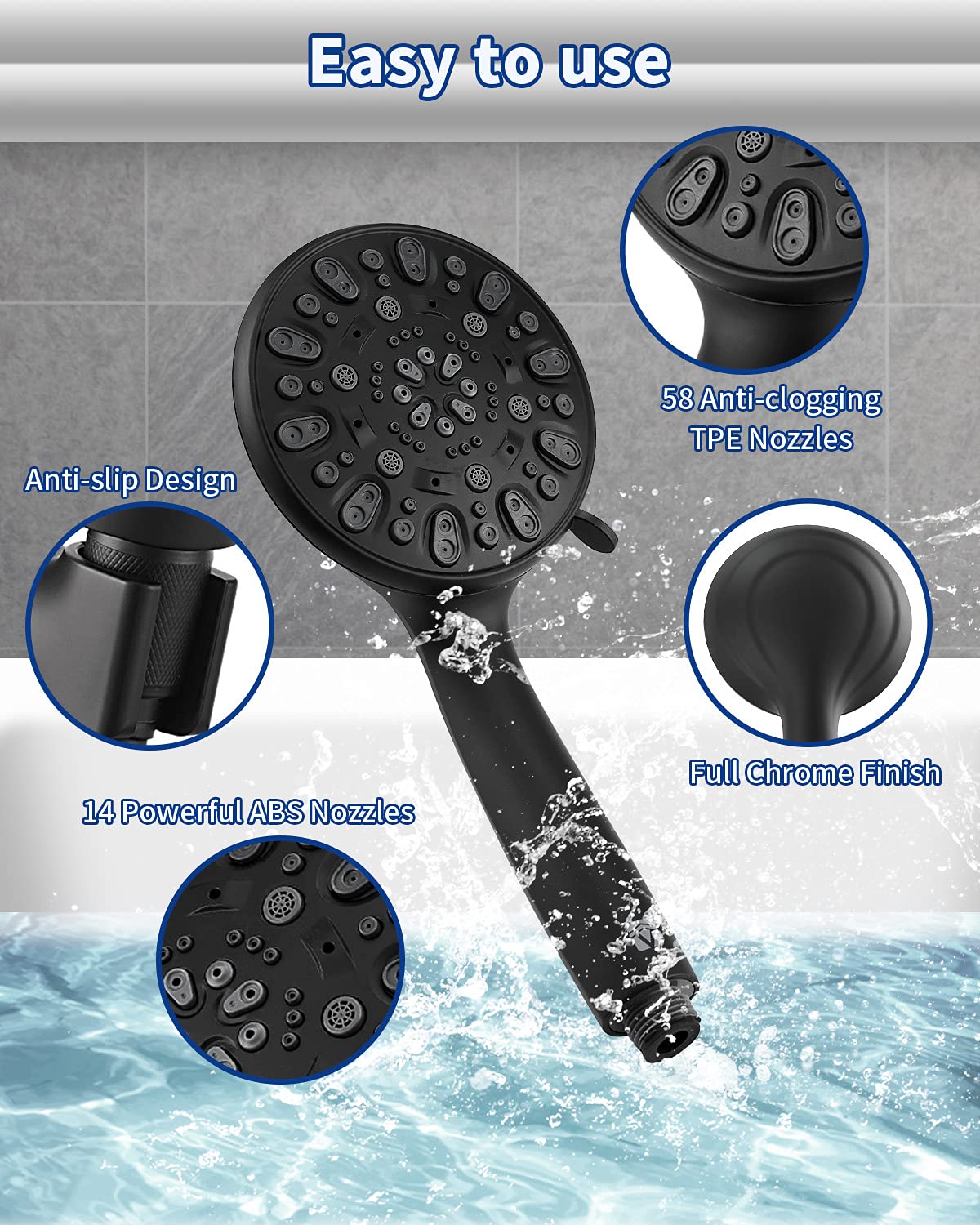 High Pressure Handheld Shower Head VMASSTONE 7-Spray Setting Showerhead Kit with 59" Stainless Steel Hose and Adjustable Mount for Showering Enjoyment Even at Low Water Flow (HM-002 Matte Black)