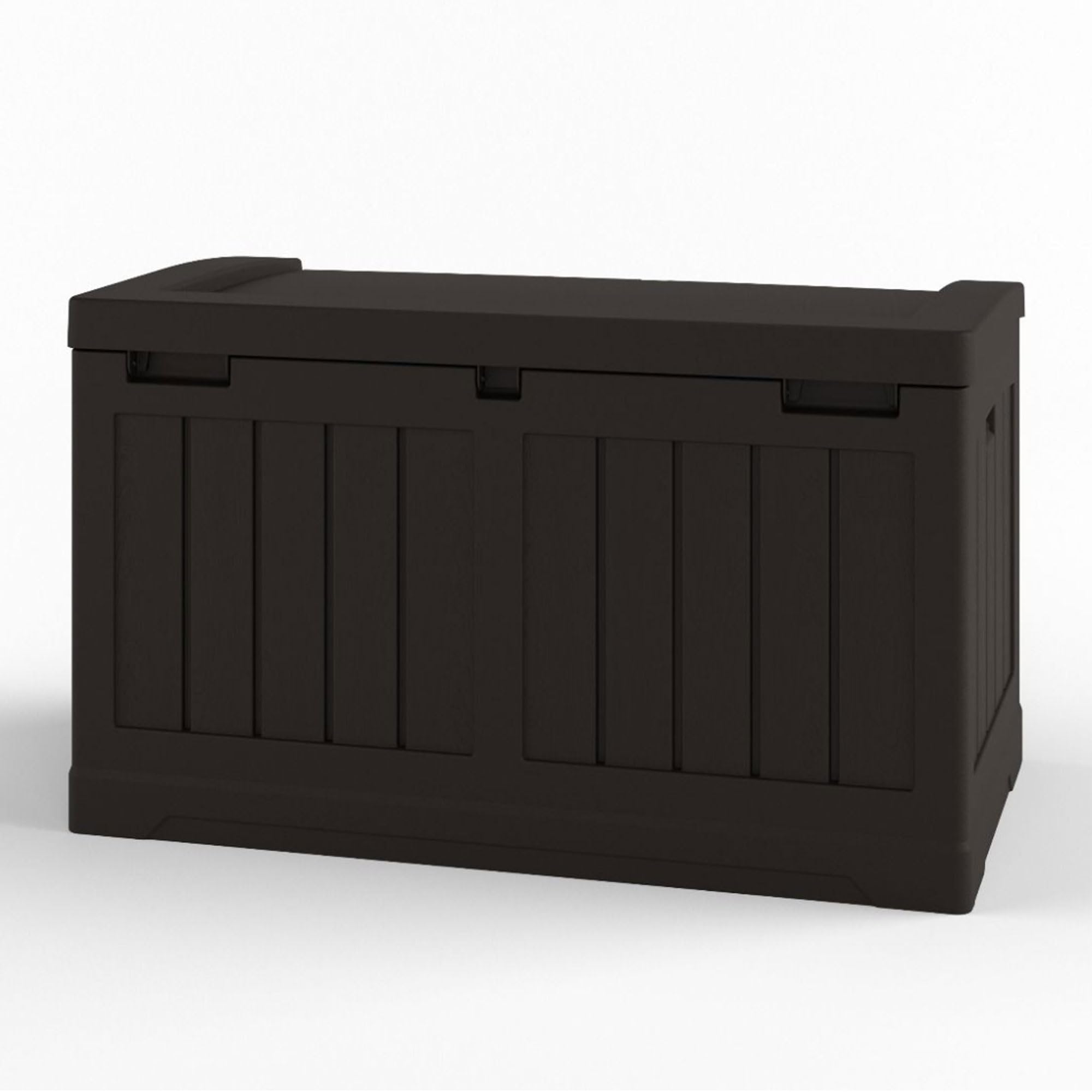 Suncast 50 Gallon Medium Capacity All Weather Construction Resin Outdoor Storage Deck Box with Bench Seat and Lid for Patio, Garden, or Pool, Java