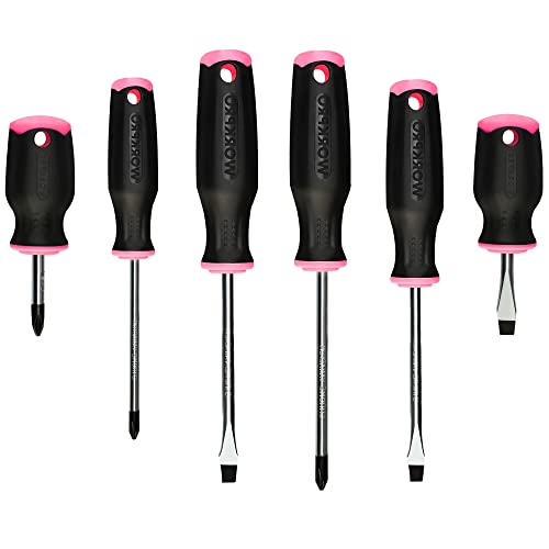 WORKPRO 6-Piece Pink Magnetic Screwdrivers Set, Includes 3 Slotted & 3 Phillips Screwdrivers, Stubby Screwdrivers, Hand Tool Kit for Woman-Pink Ribbon