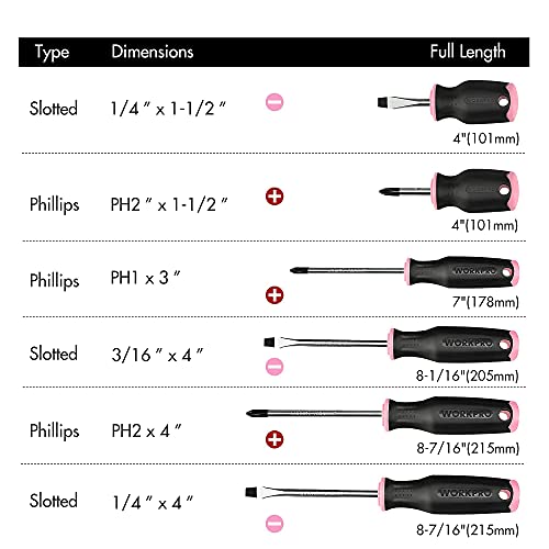 WORKPRO 6-Piece Pink Magnetic Screwdrivers Set, Includes 3 Slotted & 3 Phillips Screwdrivers, Stubby Screwdrivers, Hand Tool Kit for Woman-Pink Ribbon