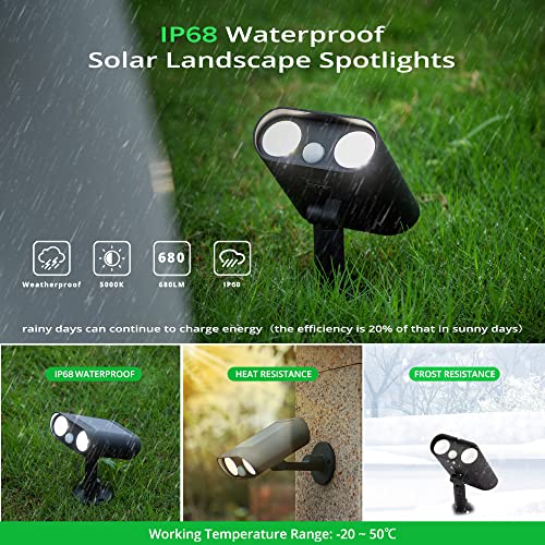 UME 2 Pack Solar Spot Lights Outdoor with Motion Sensor, IP68 Waterproof LED Solar Powered Landscape Spotlight 2-in-1, 3 Modes Landscaping Lighting for Garden Yard Driveway Porch Pool,Cold White