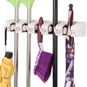 Xiloccer Renatone Mop and Broom Holder Wall Mount, Heavy Duty Organizer Storage Hooks Mounted, Commercial Rack 5 Slots & 6 Hooks, Hanging Tools for Home, Garden, Garage, White, 15 x 3.5 x 2.5 inches