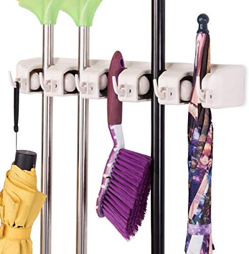 Xiloccer Renatone Mop and Broom Holder Wall Mount, Heavy Duty Organizer Storage Hooks Mounted, Commercial Rack 5 Slots & 6 Hooks, Hanging Tools for Home, Garden, Garage, White, 15 x 3.5 x 2.5 inches