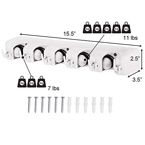 Xiloccer Renatone Mop and Broom Holder Wall Mount, Heavy Duty Organizer Storage Hooks Mounted, Commercial Rack 5 Slots & 6 Hooks, Hanging Tools for Home, Garden, Garage, White, 15 x 3.5 x 2.5 inches