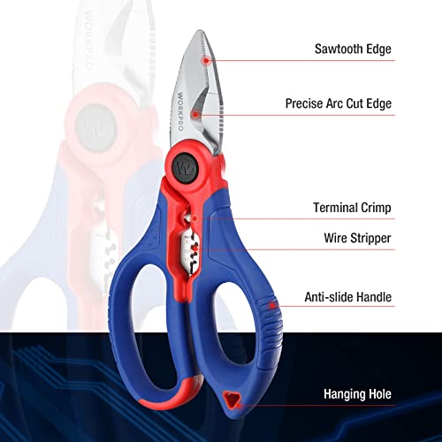 WORKPRO Stainless Electricians Scissors, 6.4" Professional Electrician Shears with Wire Stripper for Soft Cable