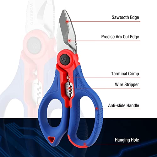 WORKPRO Stainless Electricians Scissors, 6.4" Professional Electrician Shears with Wire Stripper for Soft Cable