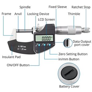 AUTOUTLET 0-25mm Precision Digital Micrometer Electronic Micrometer Caliper with 0.001mm Resolution and LCD Display for Accurate Measurements