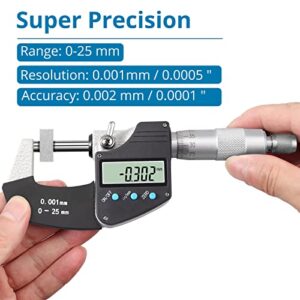 AUTOUTLET 0-25mm Precision Digital Micrometer Electronic Micrometer Caliper with 0.001mm Resolution and LCD Display for Accurate Measurements