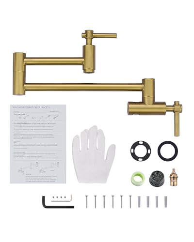 iVIGA Wall Mount Pot Filler, Gold Brass Pot Filler Faucet with 2 Handles, Single Hole Stretchable Faucet with Double Joint Swing Arm Pot Filler Above Stove