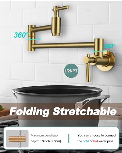 iVIGA Wall Mount Pot Filler, Gold Brass Pot Filler Faucet with 2 Handles, Single Hole Stretchable Faucet with Double Joint Swing Arm Pot Filler Above Stove