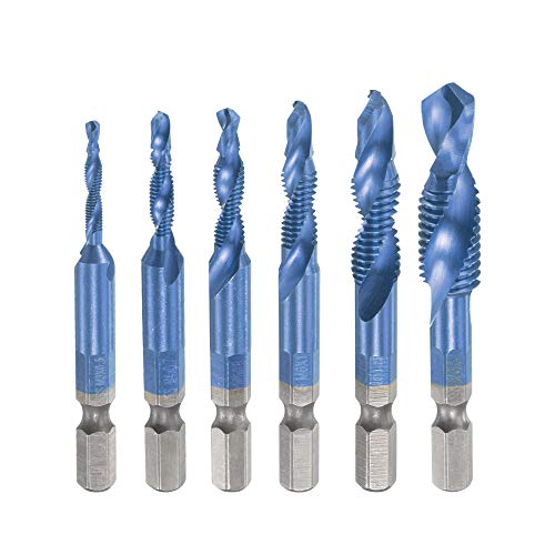 uxcell Combination Drill and Tap Bit Set M3 M4 M5 M6 M8 M10 with 1/4" Hex Shank Bluing High Speed Steel Countersink Bit Spiral Flute Tapping Tool 6pcs