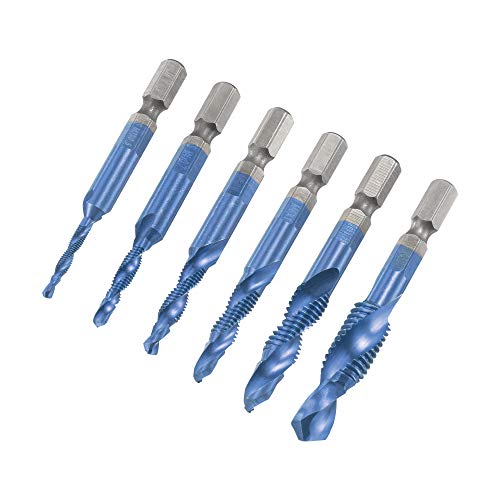 uxcell Combination Drill and Tap Bit Set M3 M4 M5 M6 M8 M10 with 1/4" Hex Shank Bluing High Speed Steel Countersink Bit Spiral Flute Tapping Tool 6pcs