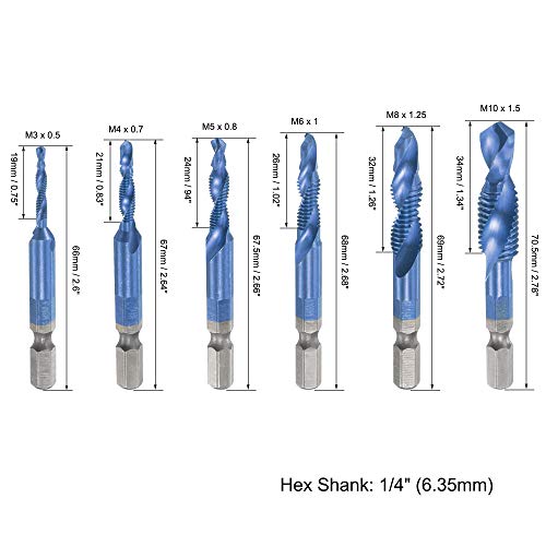 uxcell Combination Drill and Tap Bit Set M3 M4 M5 M6 M8 M10 with 1/4" Hex Shank Bluing High Speed Steel Countersink Bit Spiral Flute Tapping Tool 6pcs