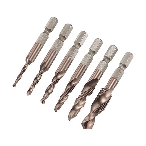 uxcell Combination Drill and Tap Bit Set M3 M4 M5 M6 M8 M10 with 1/4" Hex Shank Vacuum Titanium Coated High-Speed Steel Countersink Bit Spiral Flute Tapping Tool 6pcs