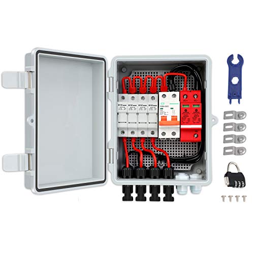 Solar Combiner Box PV Combiner Box 4 String With15A Rated Current Fuse Solar DC Breaker Lightning Arreste and Solar Connector for Solar Power Systems10AWG Solar Cable