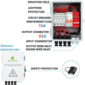 Solar Combiner Box PV Combiner Box 4 String With15A Rated Current Fuse Solar DC Breaker Lightning Arreste and Solar Connector for Solar Power Systems10AWG Solar Cable