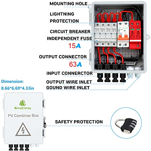 Solar Combiner Box PV Combiner Box 4 String With15A Rated Current Fuse Solar DC Breaker Lightning Arreste and Solar Connector for Solar Power Systems10AWG Solar Cable