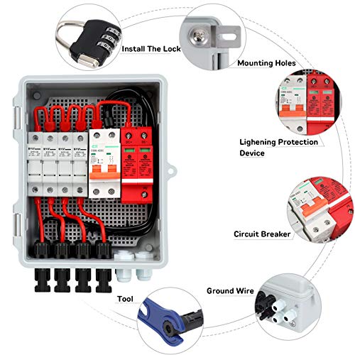 Solar Combiner Box PV Combiner Box 4 String With15A Rated Current Fuse Solar DC Breaker Lightning Arreste and Solar Connector for Solar Power Systems10AWG Solar Cable