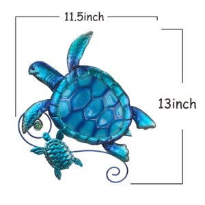 JOYBee Metal Sea Turtle Wall art Decor Outdoor Indoor Nautical Hanging Art Blue Green Stained Glass Decorative Sculpture for Garden Pool Patio Balcony Kitchen or Bathroom(12.5 * 11inch)