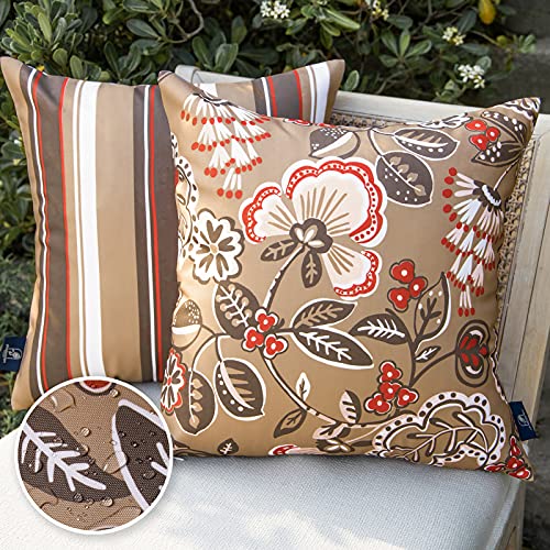 Phantoscope Pack of 2 Outdoor Indoor Throw Decorative Pillow Cover Decorative Waterproof Striped Floral Patio Pillows Cushion Case for Couch Tent Park, Light Coffee 18 x 18 Inches