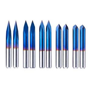 20/30/45/60/90deg 0.1mm triangular cnc router bits set, 1/8" shank engraving carving v-bit with nano blue coating sharp pyramid bits for acrylic wood mdf aluminum lettering sign making