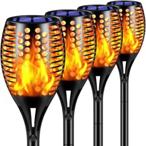 tomcare solar outdoor lights 43" higher & larger flickering flames 96 led solar torch lights outdoor waterproof solar powered garden lights decorative landscape lights for yard patio christmas, 4 pack