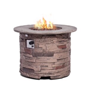 cosiest outdoor propane concrete fire pit table w imitation stone surface 32-inch round fire table, 40,000 btu stainless steel burner, free lava rocks, fits 20lb tank inside