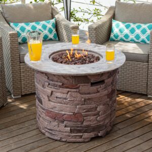 COSIEST Outdoor Propane Concrete Fire Pit Table w Imitation Stone Surface 32-inch Round Fire Table, 40,000 BTU Stainless Steel Burner, Free Lava Rocks, Fits 20lb Tank Inside