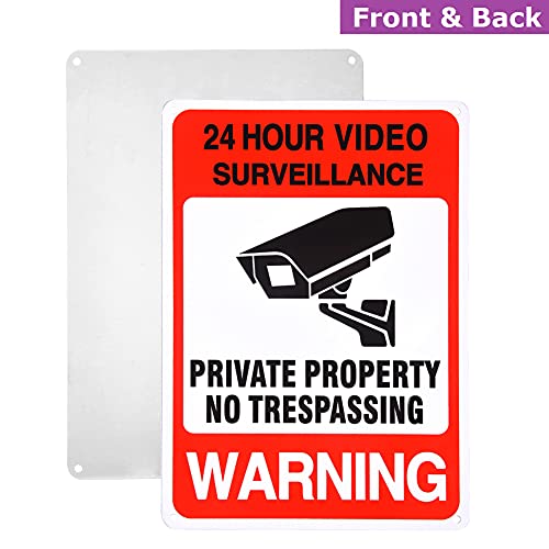 Olodeer 4 Pack Private Property No Trespassing Warning Sign,10x7 Inches 0.4 Aluminum Anti-Rust, 24 Hours Video Surveillance Warning Signs Outdoor Use