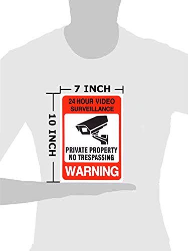 Olodeer 4 Pack Private Property No Trespassing Warning Sign,10x7 Inches 0.4 Aluminum Anti-Rust, 24 Hours Video Surveillance Warning Signs Outdoor Use