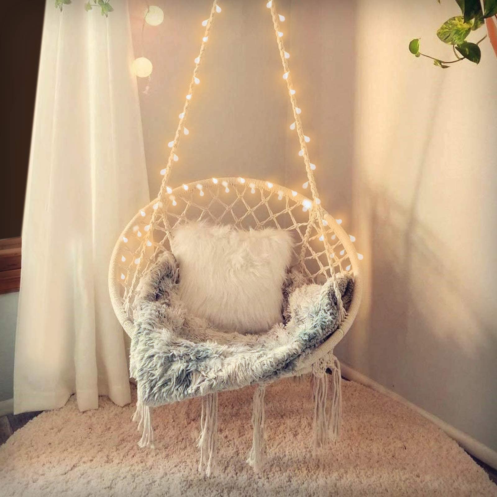 Hanging Chair for Bedroom Hammock Chair Swing with Lights and Hardware Kits Holds Up to 550Lbs Macrame Swing Chair Hanging Cotton Rope Swing Chair for Bedroom, Patio, Deck, Garden and Porch-KASHAN