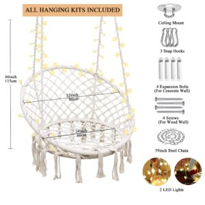 Hanging Chair for Bedroom Hammock Chair Swing with Lights and Hardware Kits Holds Up to 550Lbs Macrame Swing Chair Hanging Cotton Rope Swing Chair for Bedroom, Patio, Deck, Garden and Porch-KASHAN