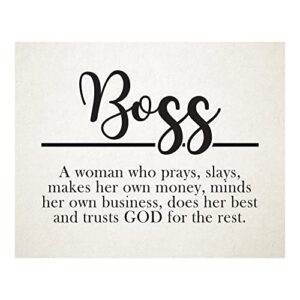 boss-woman who prays, slays, trusts god -inspirational wall art print, modern typographic christian wall art decor for home decor, office decor, studio & work decor, great gift,unframed - 10x8"